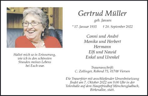 Traueranzeigen von Gertrud Müller Trauer und Gedenken