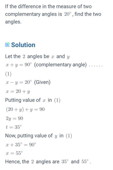 1 difference between two complementary angles is 20° find measure of such angles 2 difference