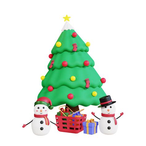 3d Christmas Tree Gift Box And Snowman With Transparent Background