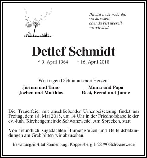 Traueranzeigen Von Detlef Schmidt Trauer Gedenken