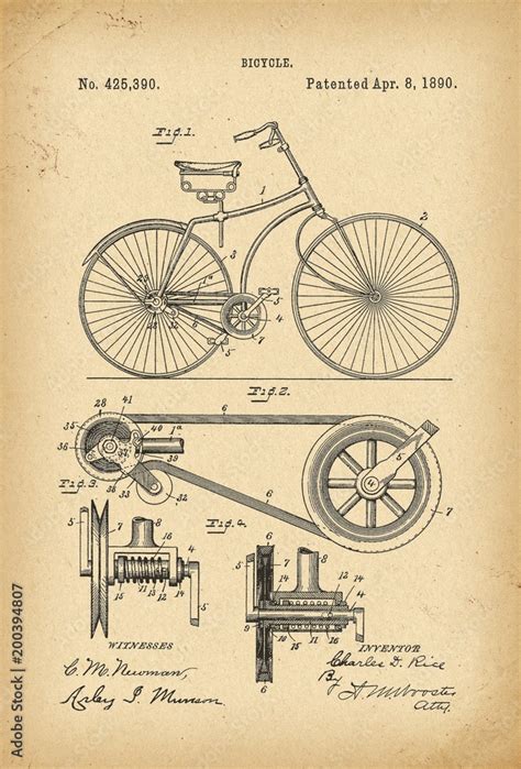 1890 Patent Velocipede Bicycle history invention ilustración de Stock