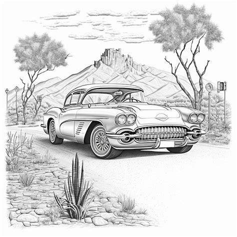 Página para colorear de coches antiguos en blanco y negro para libro de