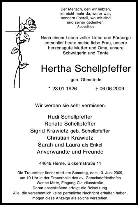 Traueranzeigen Von Hertha Schellpfeffer Trauer In NRW De