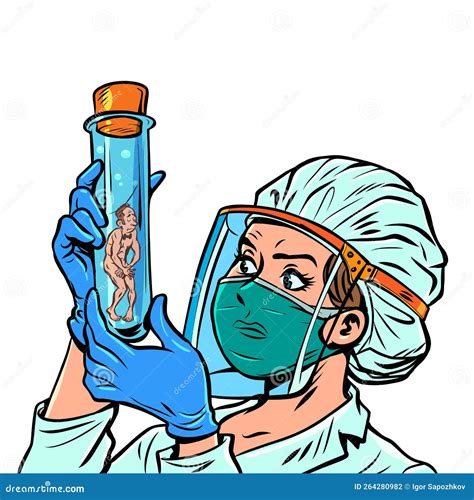 Female Medic And Test Tube Naked Man Genetic Research Stock Vector