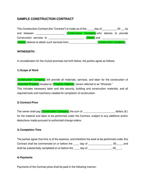 Free Printable Construction Contract Templates PDF Word Sample