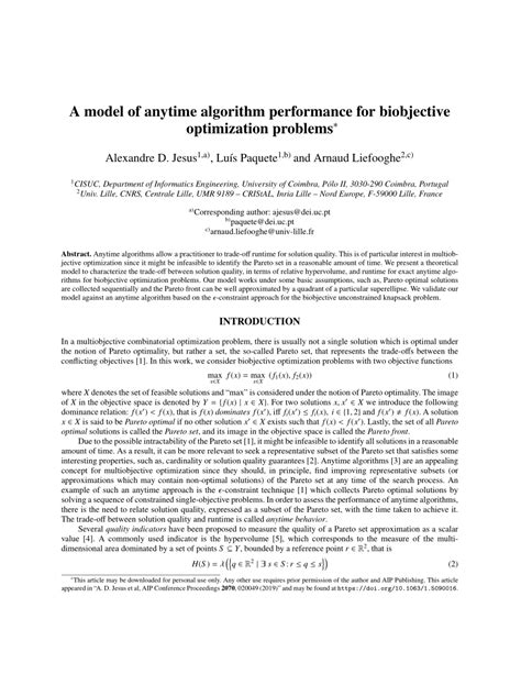 pdf a model of anytime algorithm performance for biobjective optimization problems