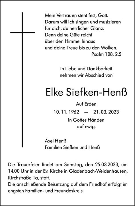 Traueranzeigen Von Elke Siefken Hen Vrm Trauer De