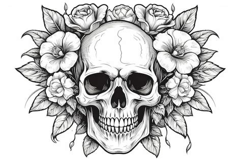 Premium Photo Human Skull In A Flower Frame Woodcut Style Vector