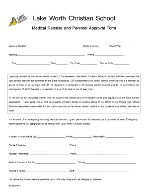 Fillable Online Lwcs Medical Release And Parental Approval Form Lwcs
