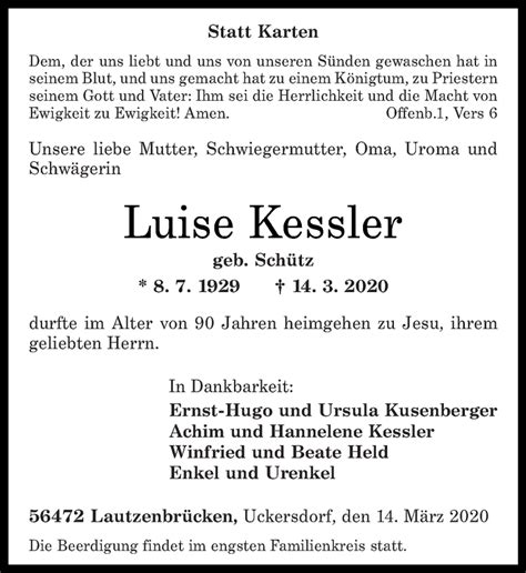 Traueranzeigen Von Luise Kessler Rz Trauer De