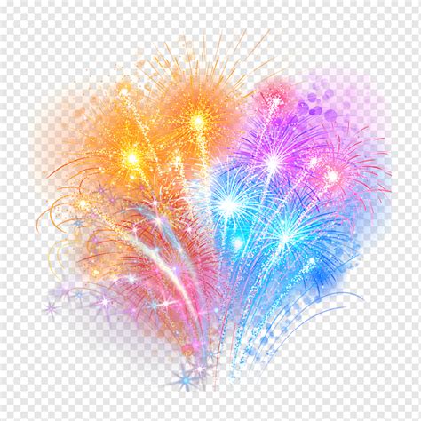 Three Colorful Fireworks On A White Background With Stars And Sparkles