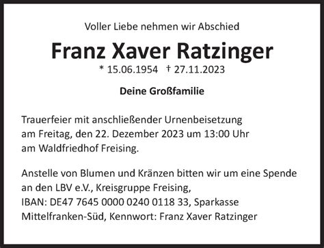 Traueranzeigen Von Franz Xaver Ratzinger SZ Gedenken De