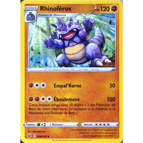 Rhinoféros 098 202 épée et bouclier carte Pokémon EB01