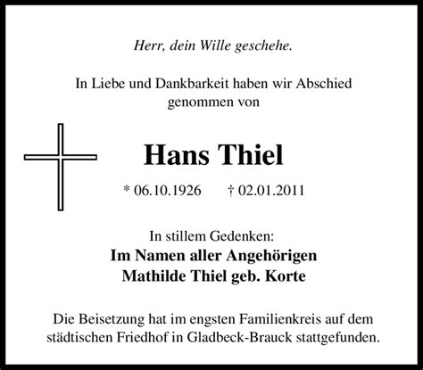 Traueranzeigen Von Hans Thiel Trauer In NRW De