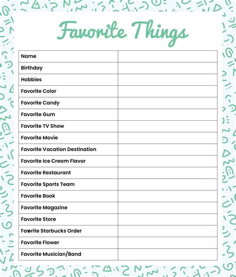 Printable Employee Favorite Things List