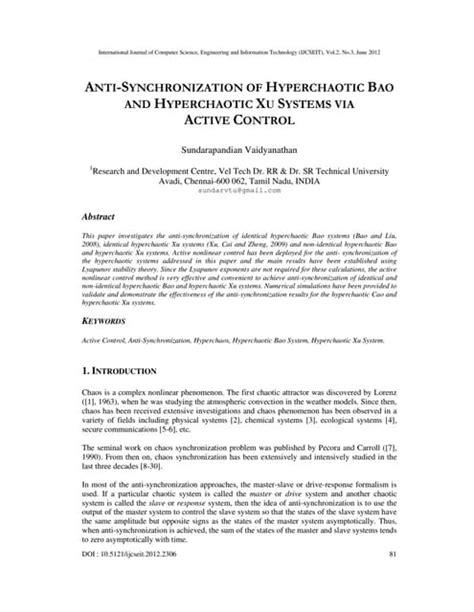 anti synchronization of hyperchaotic bao and hyperchaotic xu systems via active control pdf