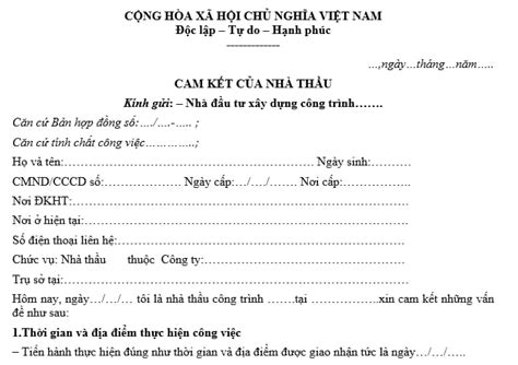 Mẫu Cam kết bảo hành của nhà thầu mới nhất 2023