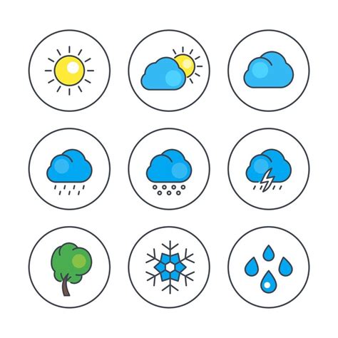 Weather Line Icons With Color Filling Rain Snowflake Hail Wind Sun