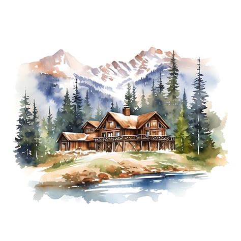 Premium AI Image Watercolor Of Rustic Mountain Lodge A Cozy And