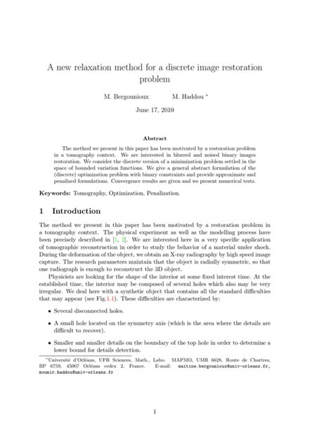 a new relaxation method for a discrete image restoration problem m bergounioux
