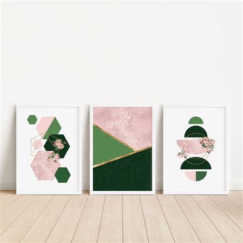 3pc Pink And Green Geo Wall Art Pink And Green Wall Decor Etsy
