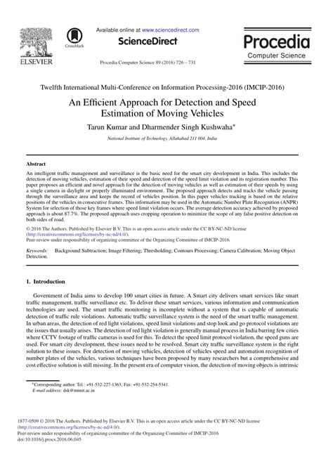 pdf an efficient approach for detection and speed estimation of moving vehicles