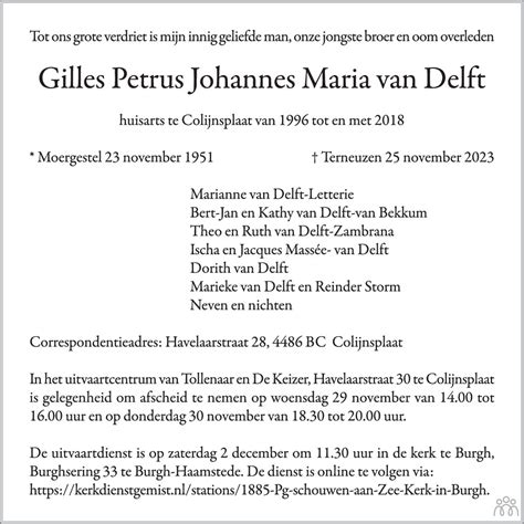Gilles Petrus Johannes Maria Van Delft Overlijdensbericht En