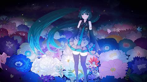 Anime Flowers Hatsune Miku Long Hair Aqua Hair Vocaloid Blue Eyes Anime Girls Looking At