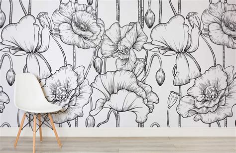 Black White Illustrated Flowers Wallpaper Mural Hovia Uk White