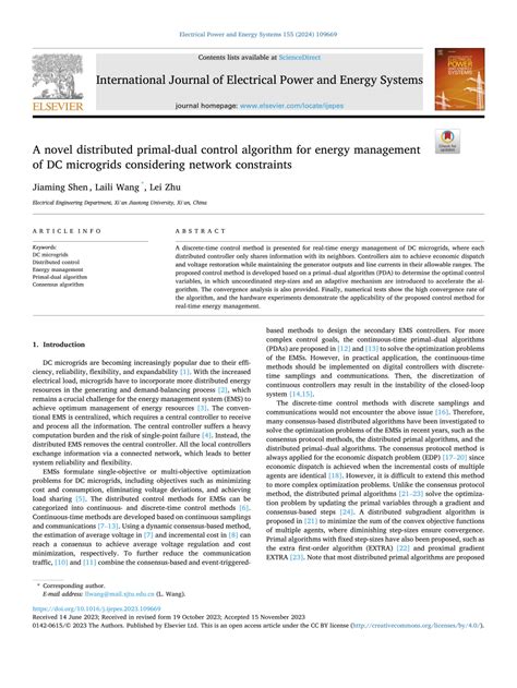 pdf a novel distributed primal dual control algorithm for energy management of dc microgrids