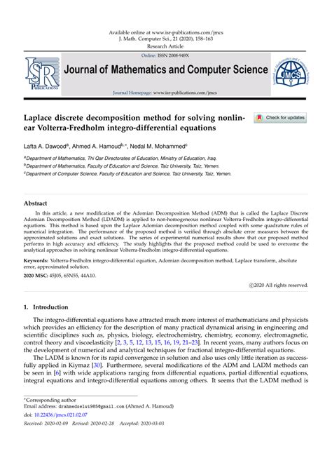 pdf laplace discrete decomposition method for solving nonlinear volterra fredholm integro