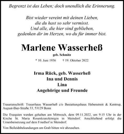 Traueranzeigen Von Marlene Wasserhe Wirtrauern