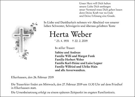Traueranzeigen Von Herta Weber Vrm Trauer De