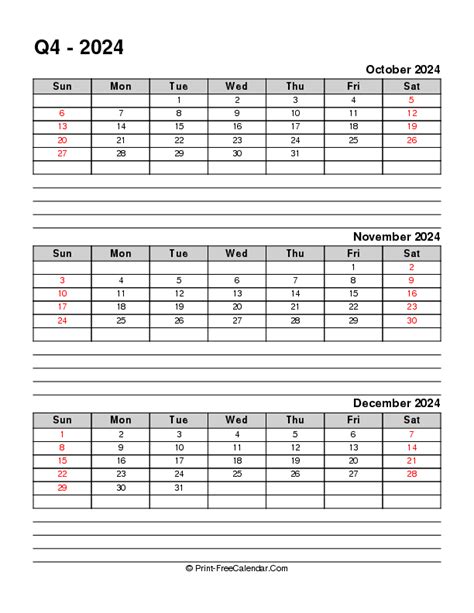 Quarterly Calendar Q4 2024 PDF Word Excel Sunday Start