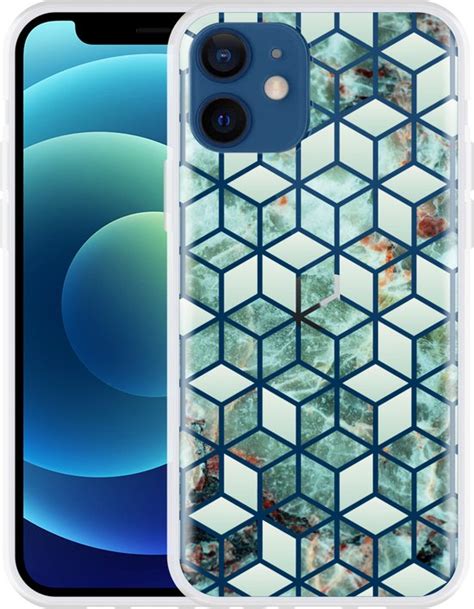 Geschikt Voor Apple IPhone 12 Hoesje Groen Hexagon Marmer Designed By
