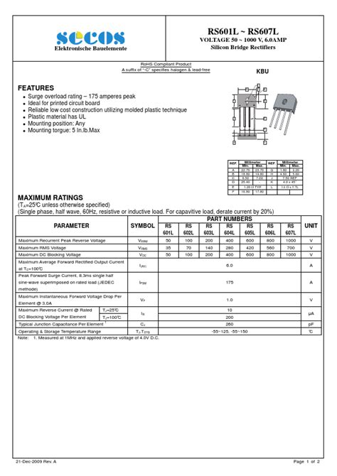 RS604L Datasheet Silicon Bridge Rectifiers