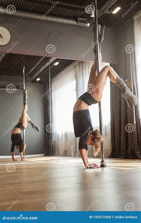 Beautiful Sporty Strong Woman Performing Pole Dance Stock Photo Image