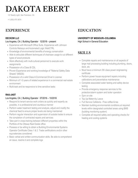 Building Operator Resume Sample