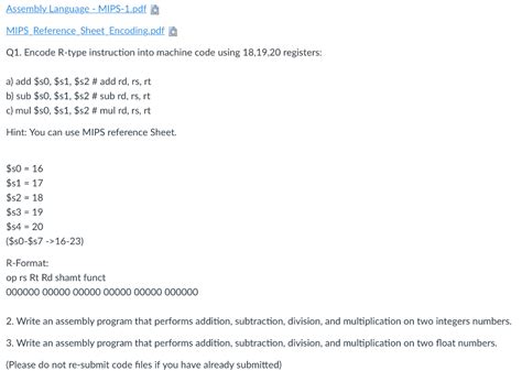 solved assembly language mips 1 pdf mips reference sheet