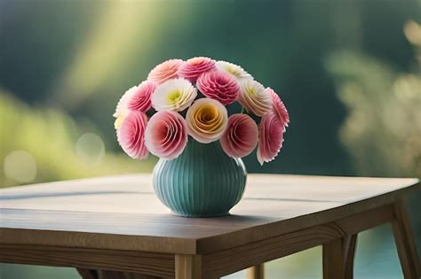 Un jarrón de flores de colores se sienta sobre una mesa Foto Premium