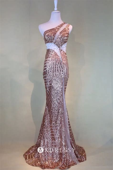 Rose Gold Sequin One Shoulder Cut Out Prom Dress Xdressy