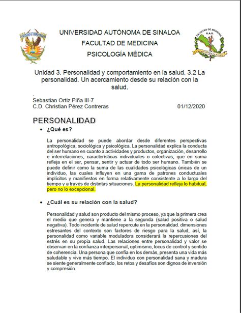 Unidad 3 Personalidad Y Comportamiento En La Salud 3 2 La