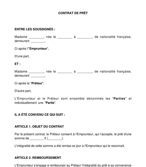 Modele Contrat De Pret Familial