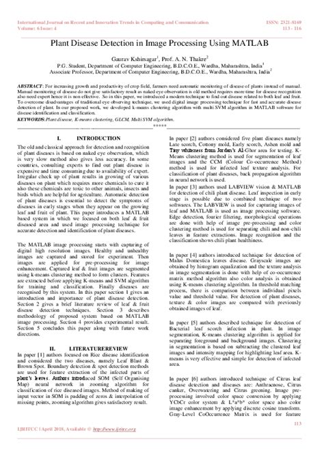 pdf plant disease detection in image processing using matlab international journal ijritcc
