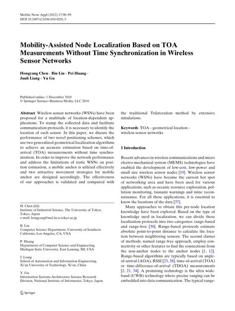 pdf mobility assisted node localization based on toa measurements without time synchronization