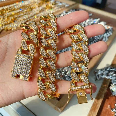 Mens Gold Iced Out Miami Cuban Link Chain Bracelets Necklace 2cm Hip