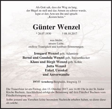Traueranzeigen von Günter Wenzel Trauer in NRW de