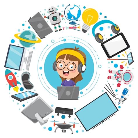 Niño pequeño y dispositivos tecnológicos Vector Premium