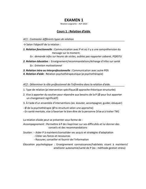 Examen 1 préparation EXAMEN 1 Relation soignante AUT 2023 Cours 1
