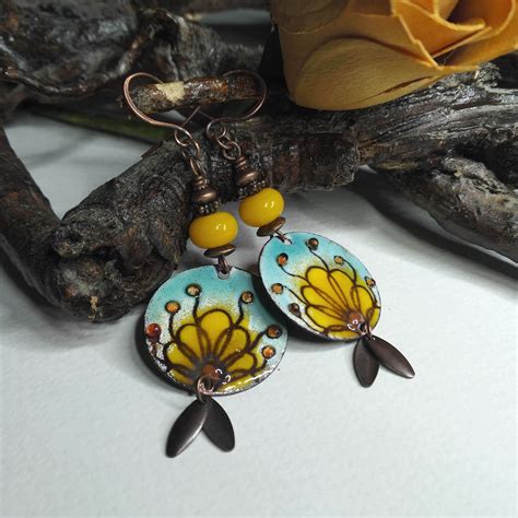Boucles d oreille bobo chic champêtres cuivre émaillé fleuri perles